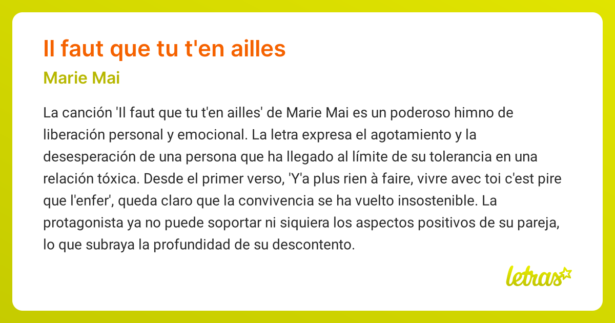 Significado de la canción IL FAUT QUE TU T'EN AILLES (Marie Mai ...