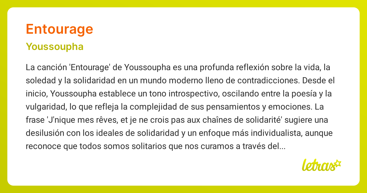 Significado de la canción ENTOURAGE (Youssoupha) - LETRAS.COM