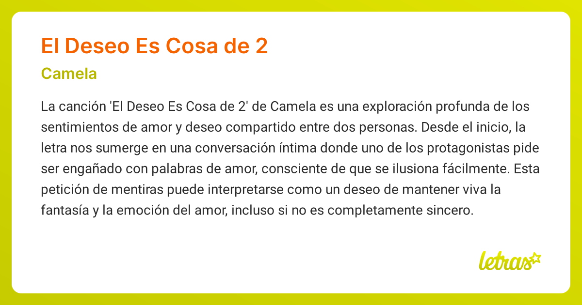 Significado de la canción EL DESEO ES COSA DE 2 (Camela) - LETRAS.COM