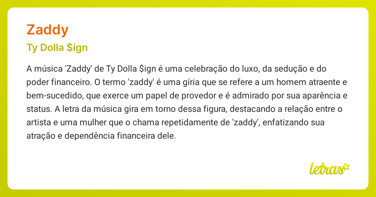 Significado da música ZADDY (Ty Dolla $ign) - LETRAS.MUS.BR