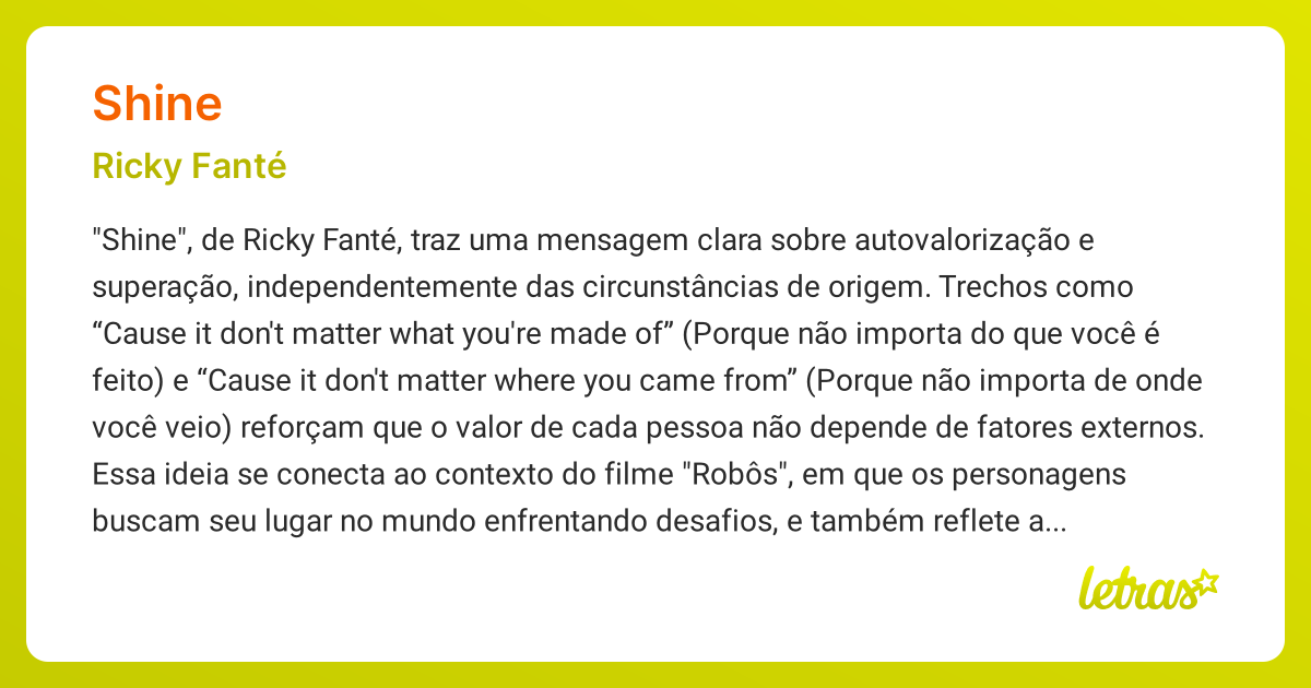 Significado da música SHINE (Ricky Fanté) - LETRAS.MUS.BR