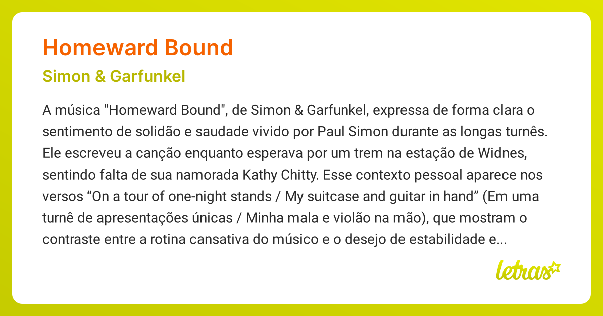 Significado da música HOMEWARD BOUND (Simon & Garfunkel) - LETRAS.MUS.BR