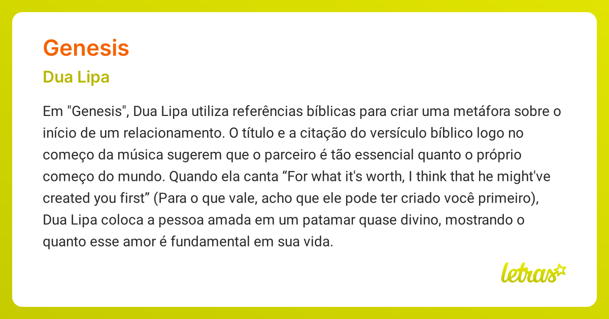 Significado da música GENESIS (Dua Lipa) - LETRAS.MUS.BR