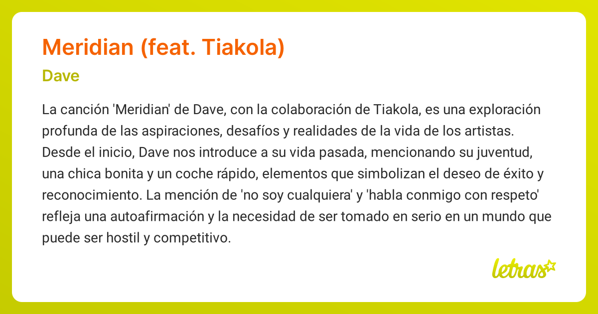 Significado de la canción MERIDIAN (FEAT. TIAKOLA) (Dave) - LETRAS.COM