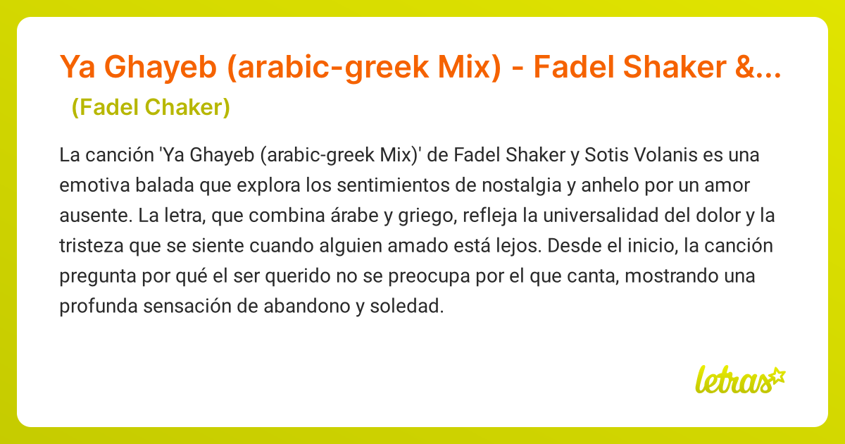 Significado de la canción Ya Ghayeb (arabic-greek Mix) - Fadel Shaker ...