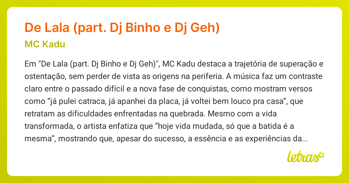 Significado da música De Lala (part. Dj Binho e Dj Geh) (MC Kadu ...