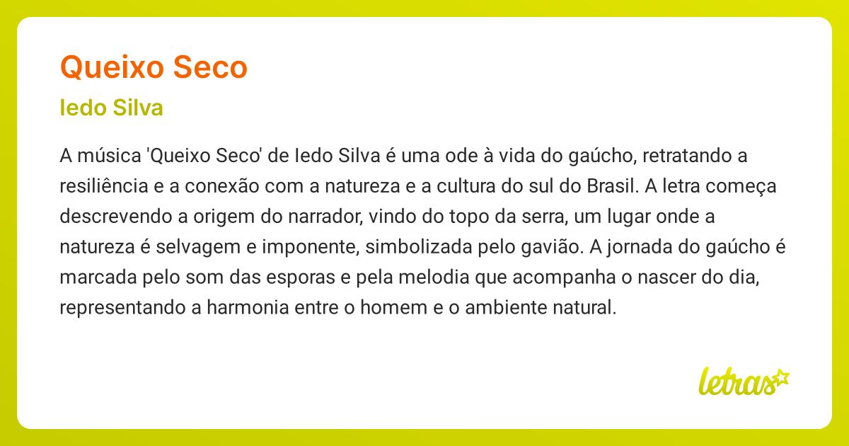 Significado da música QUEIXO SECO (Iedo Silva) - LETRAS.MUS.BR