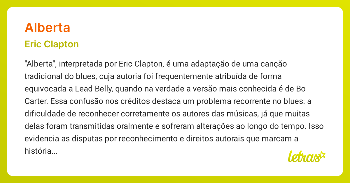 Significado da música ALBERTA (Eric Clapton) - LETRAS.MUS.BR