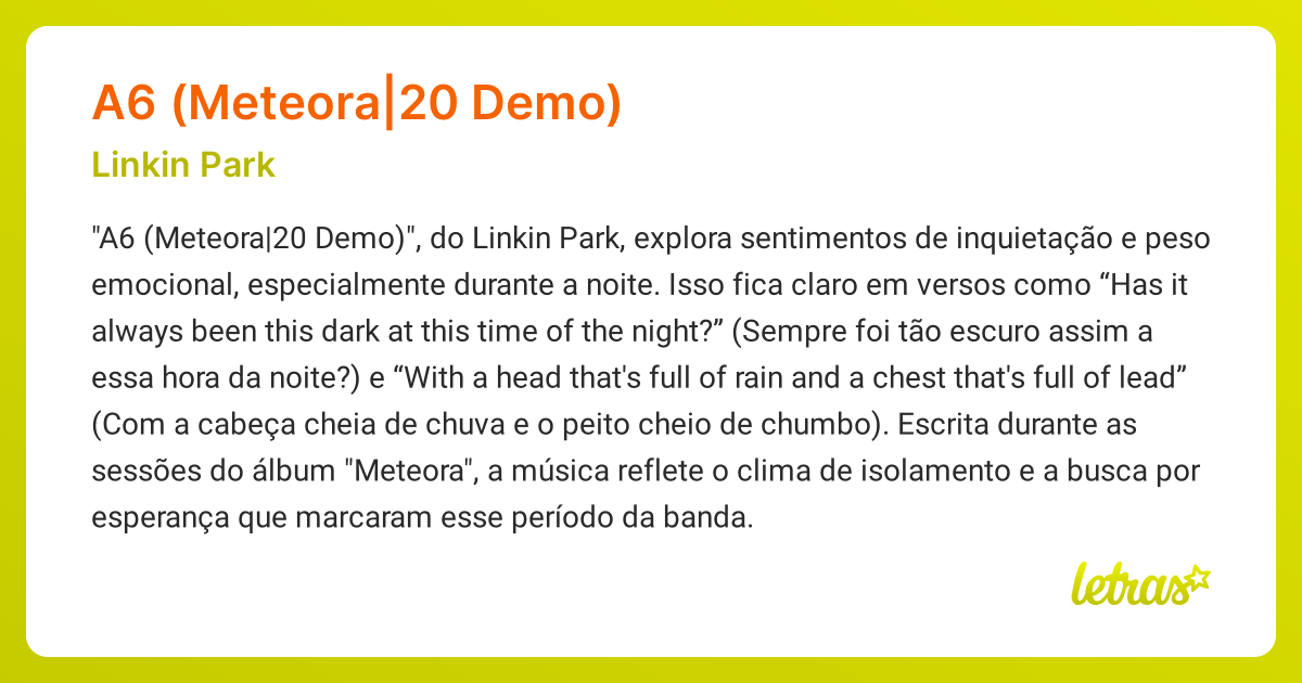 Significado da música A6 (METEORA|20 DEMO) (Linkin Park) - LETRAS.MUS.BR