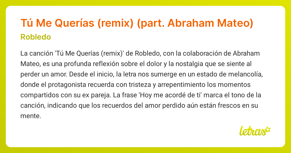 Significado de la canción Tú Me Querías (remix) (part. Abraham Mateo ...