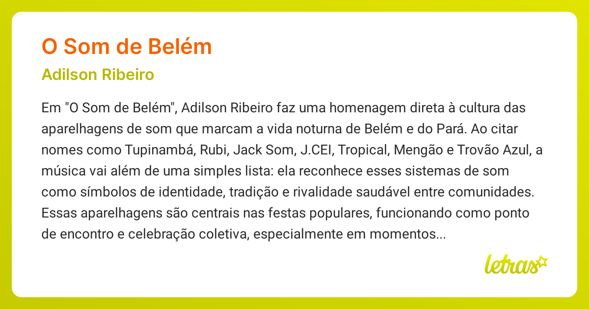 Significado da música O SOM DE BELÉM (Adilson Ribeiro) - LETRAS.MUS.BR