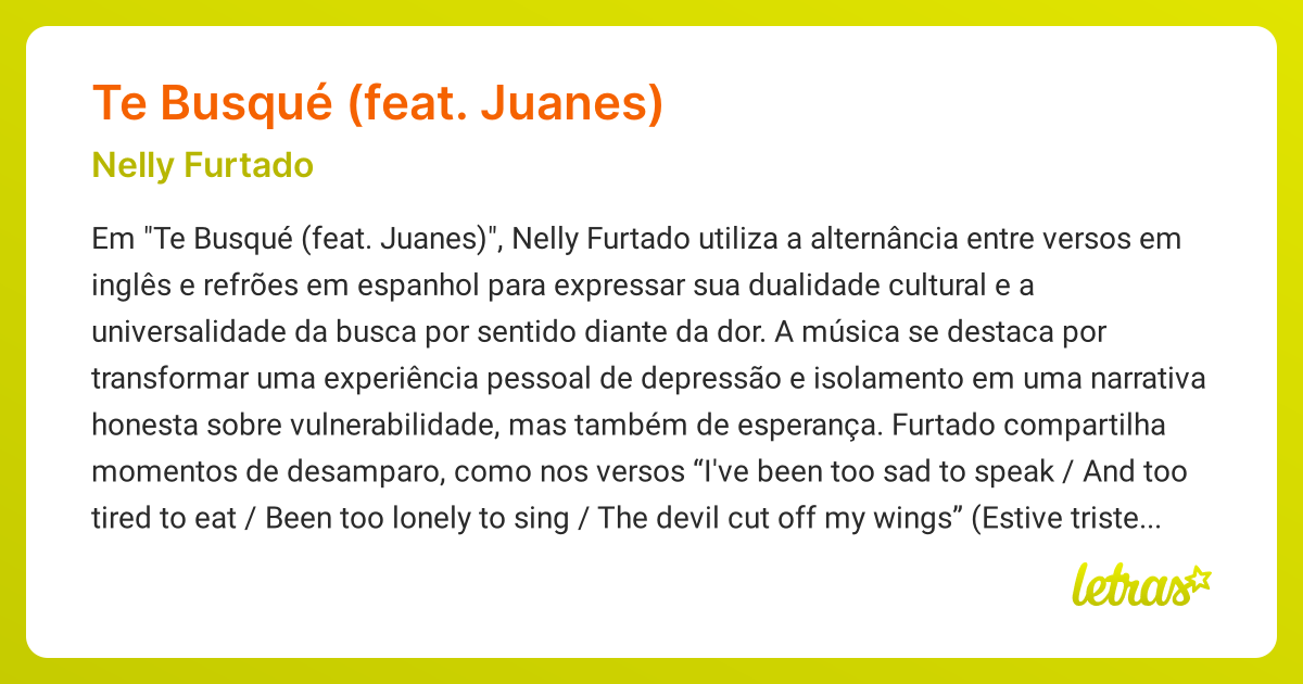 Significado da música TE BUSQUÉ (FEAT. JUANES) (Nelly Furtado) - LETRAS ...
