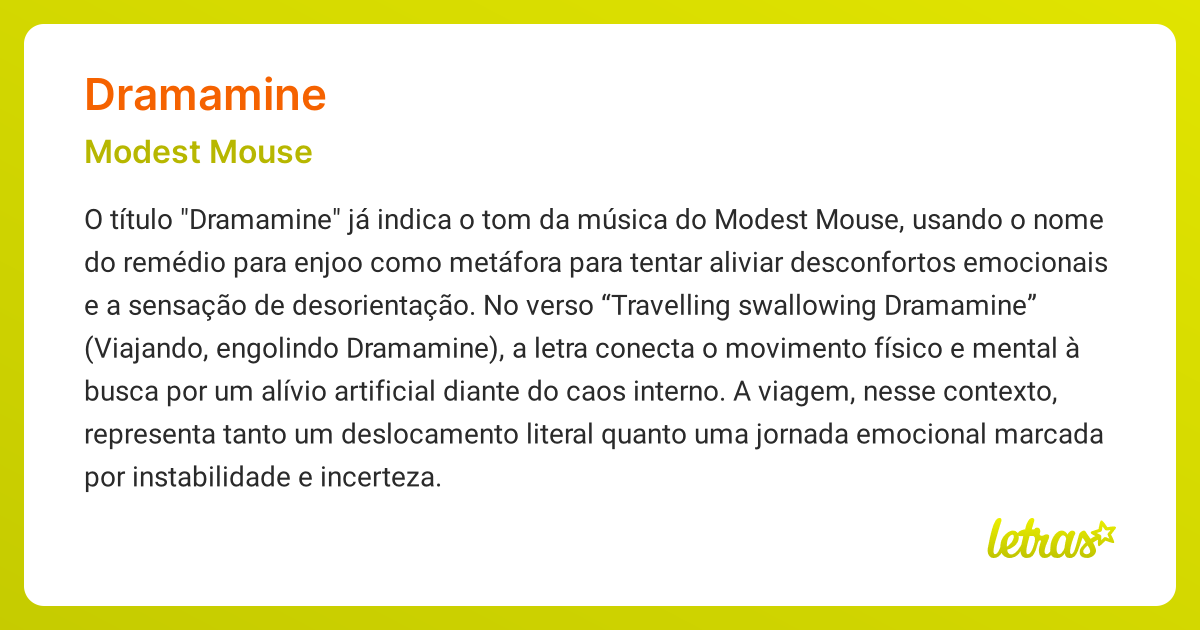 Significado da música DRAMAMINE (Modest Mouse) - LETRAS.MUS.BR