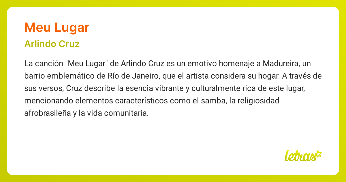 Significado de la canción MEU LUGAR (Arlindo Cruz) - LETRAS.COM