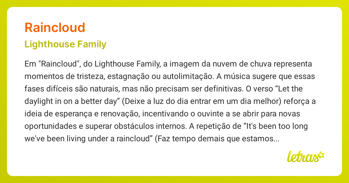 Significado da música RAINCLOUD (Lighthouse Family) - LETRAS.MUS.BR