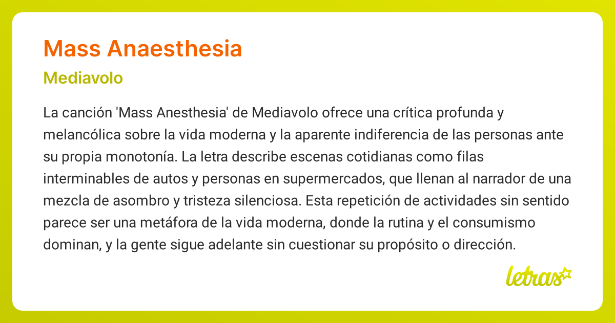 Significado de la canción MASS ANAESTHESIA (Mediavolo) - LETRAS.COM