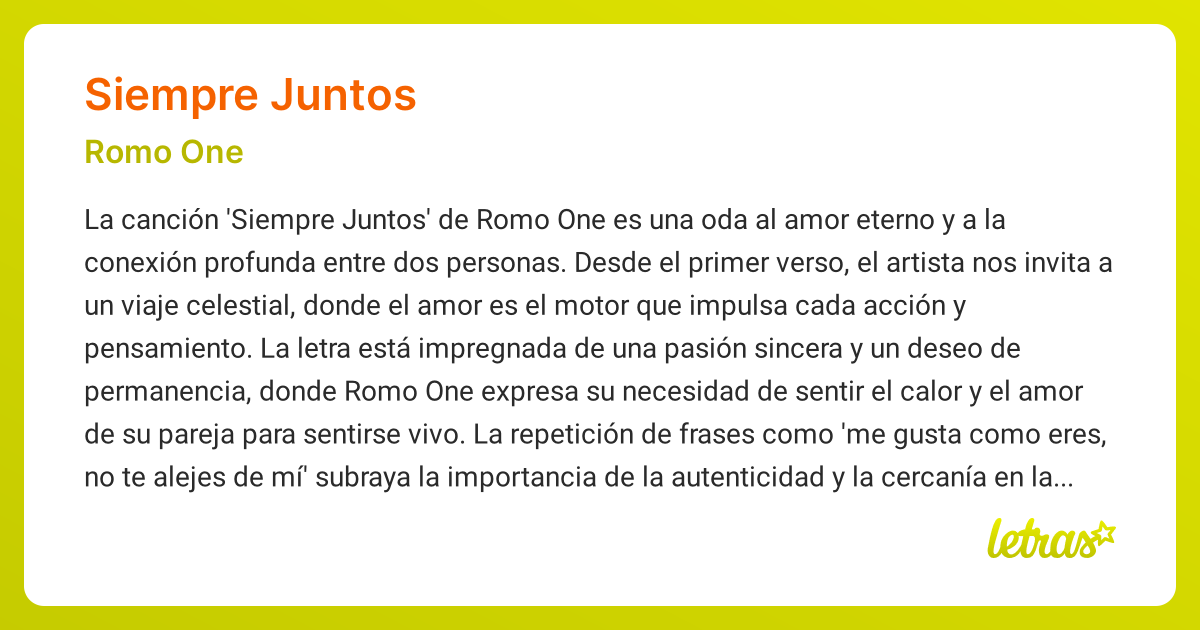 Significado de la canción SIEMPRE JUNTOS (Romo One) - LETRAS.COM