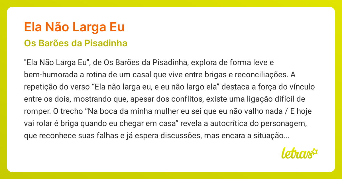 Significado da música ELA NÃO LARGA EU (Os Barões da Pisadinha ...
