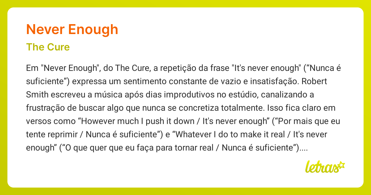 Significado da música NEVER ENOUGH (The Cure) - LETRAS.MUS.BR