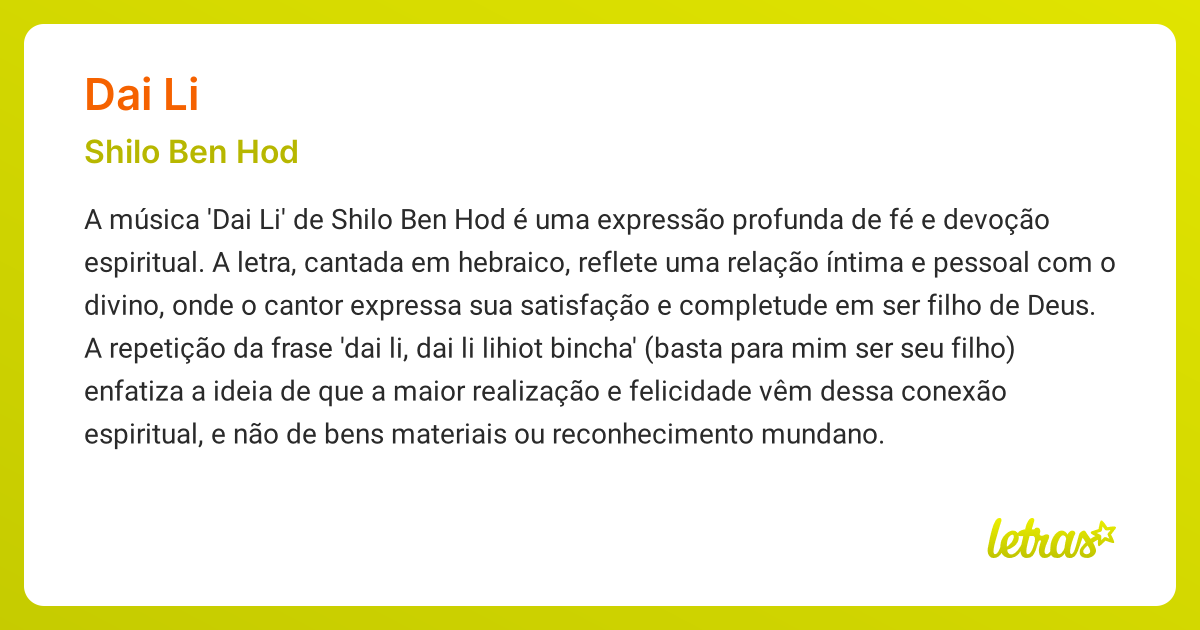 Significado da música DAI LI (Shilo Ben Hod) - LETRAS.MUS.BR