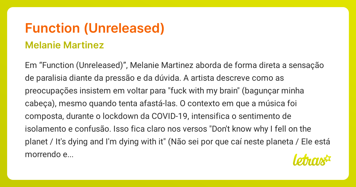 Significado da música FUNCTION (UNRELEASED) (Melanie Martinez) - LETRAS.MUS.BR