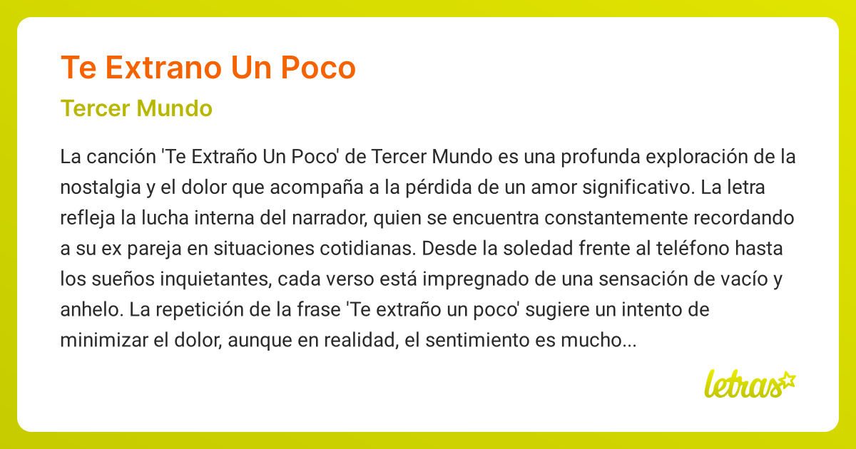 Significado de la canción TE EXTRANO UN POCO (Tercer Mundo) - LETRAS.COM