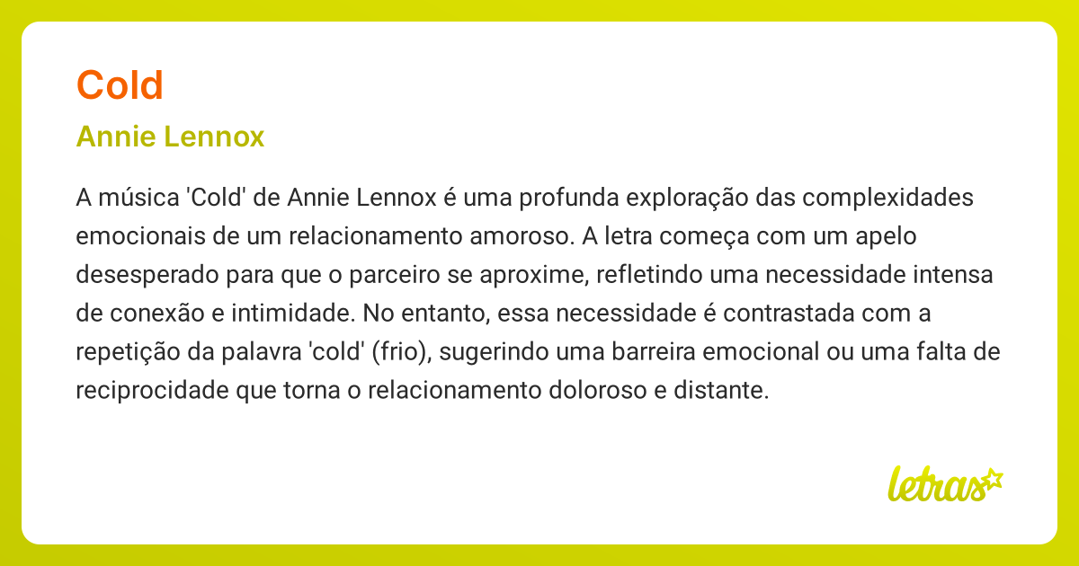 Significado da música COLD (Annie Lennox) - LETRAS.MUS.BR