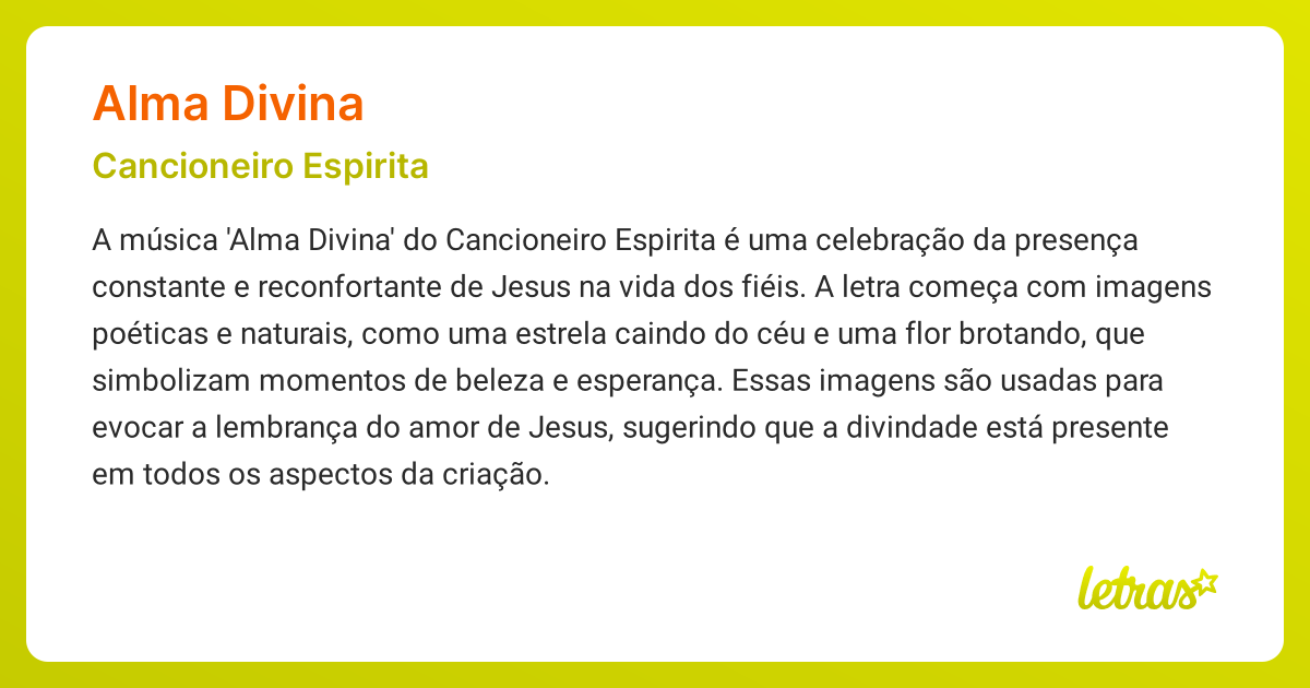 Significado da música ALMA DIVINA (Cancioneiro Espirita) - LETRAS.MUS.BR