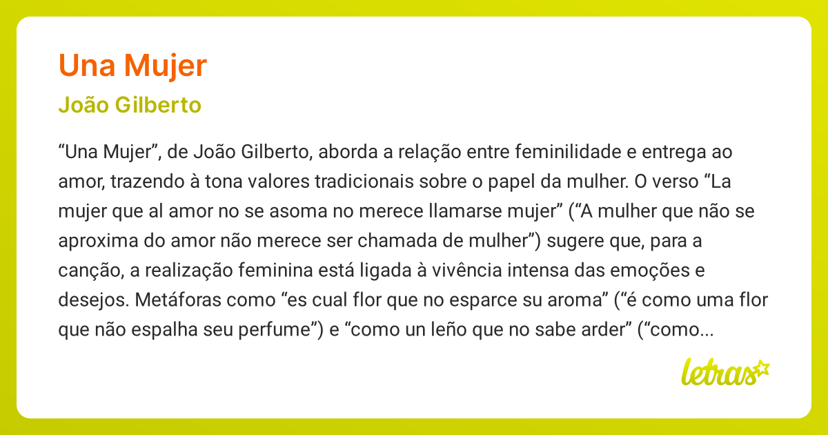 Significado da música UNA MUJER (João Gilberto) - LETRAS.MUS.BR