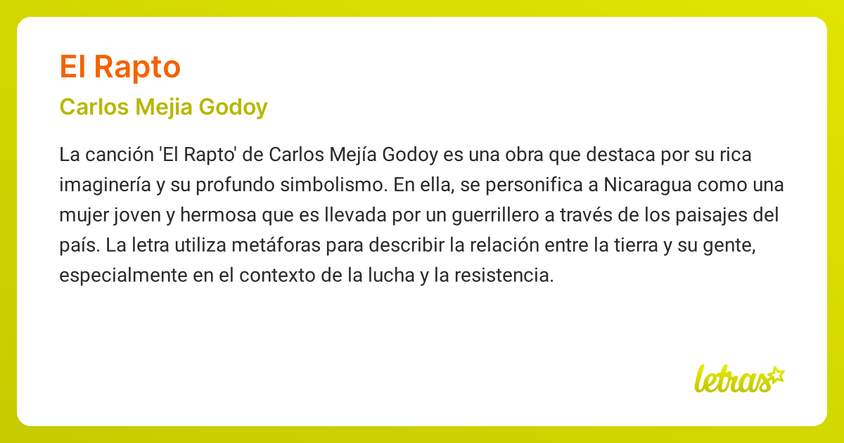 Significado de la canción EL RAPTO (Carlos Mejia Godoy) - LETRAS.COM