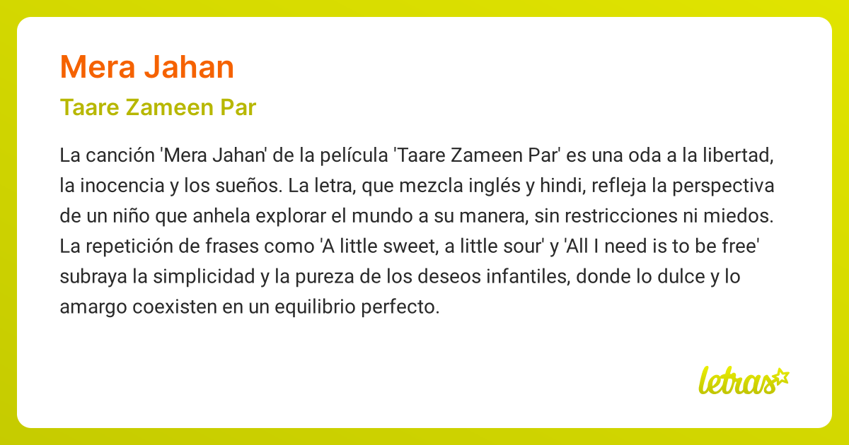 Significado de la canción MERA JAHAN (Taare Zameen Par) - LETRAS.COM