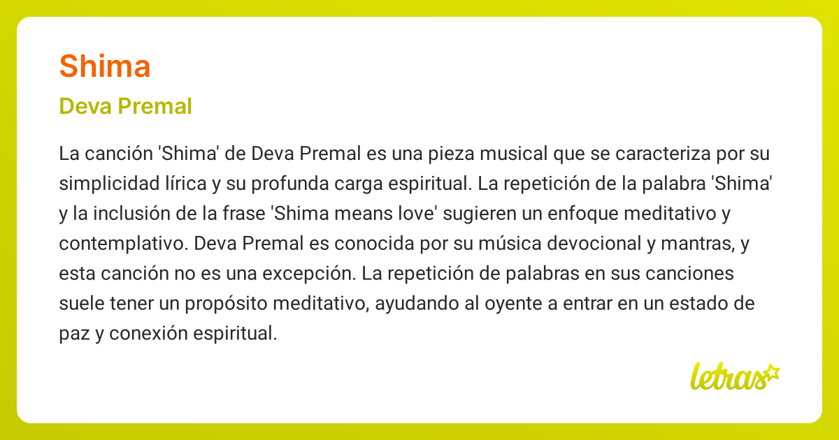 Significado de la canción SHIMA (Deva Premal) - LETRAS.COM