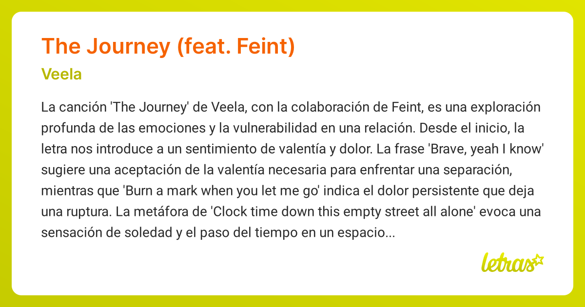 Significado de la canción THE JOURNEY (FEAT. FEINT) (Veela) - LETRAS.COM