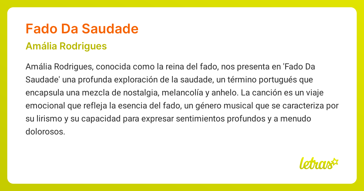 Significado de la canción FADO DA SAUDADE (Amália Rodrigues) - LETRAS.COM