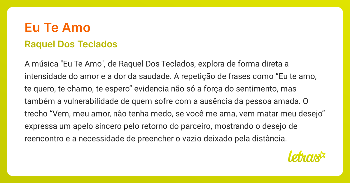 Significado da música EU TE AMO (Raquel Dos Teclados ) - LETRAS.MUS.BR