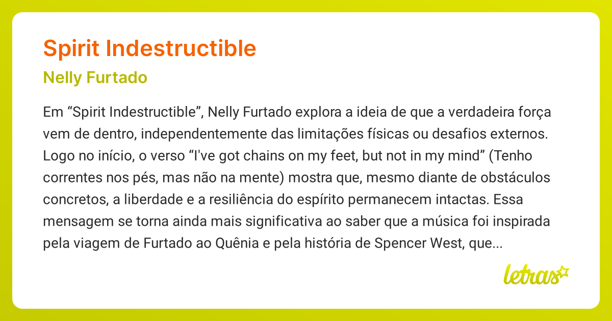 Significado da música SPIRIT INDESTRUCTIBLE (Nelly Furtado) - LETRAS.MUS.BR