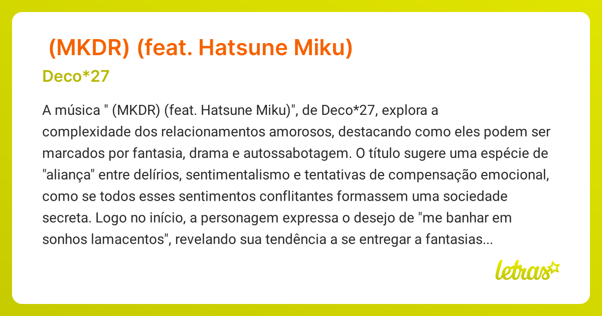 Significado da música 妄想感傷代償連盟 (MKDR) (feat. Hatsune Miku) (Deco*27 ...