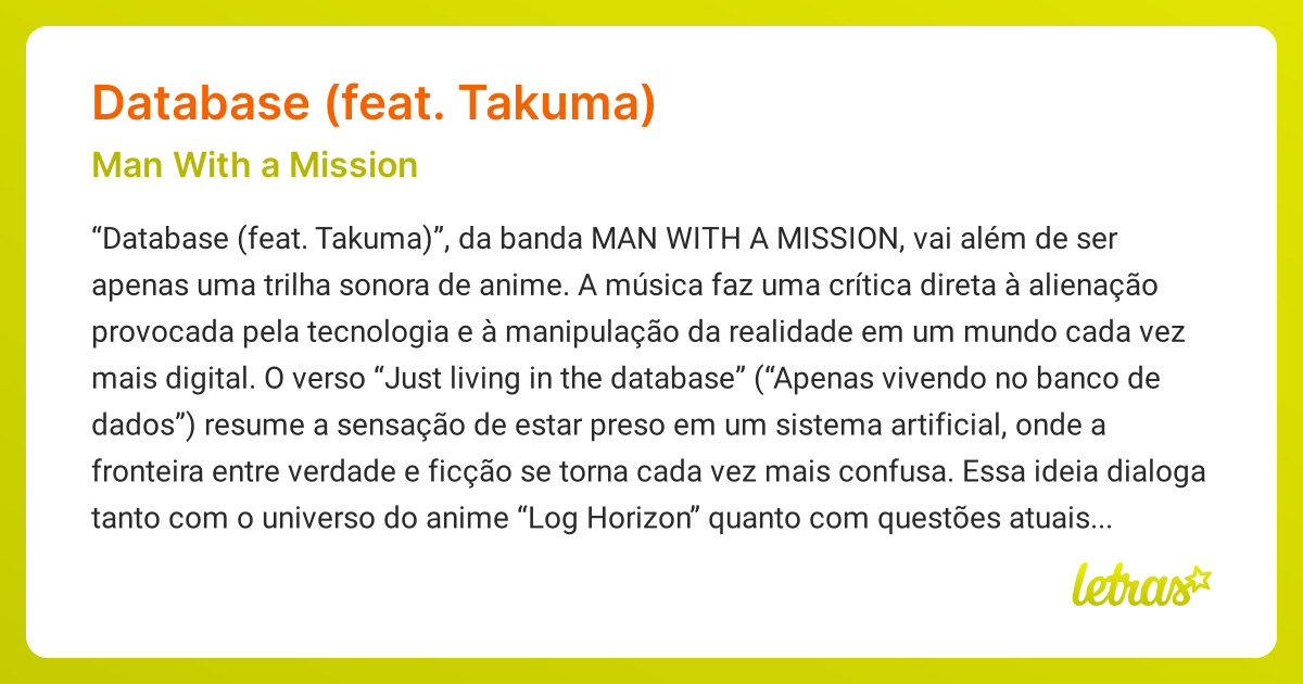 Significado da música DATABASE (FEAT. TAKUMA) (Man With a Mission ...