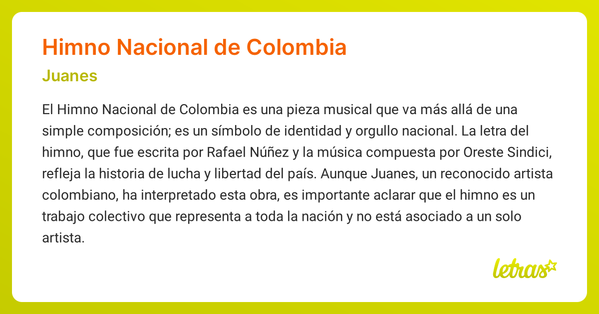 Significado de la canción HIMNO NACIONAL DE COLOMBIA (Juanes) - LETRAS.COM
