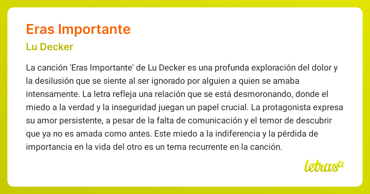 Significado de la canción ERAS IMPORTANTE (Lu Decker) - LETRAS.COM