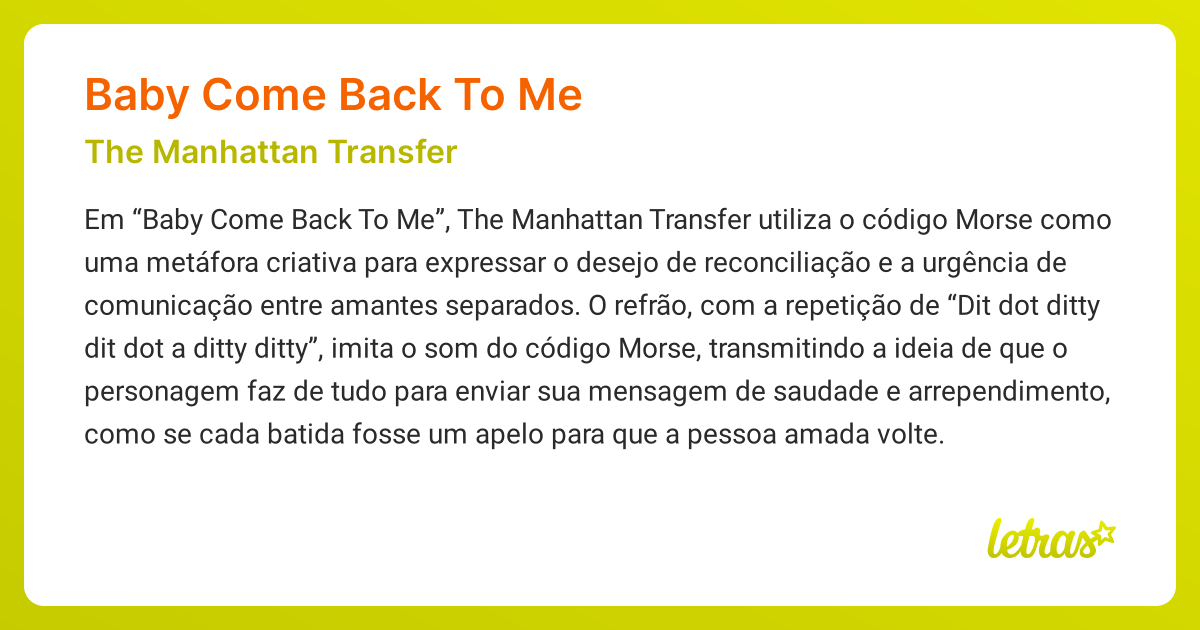 Significado da música BABY COME BACK TO ME (The Manhattan Transfer ...