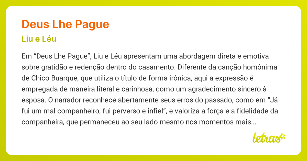 Significado da música DEUS LHE PAGUE (Liu e Léu) - LETRAS.MUS.BR