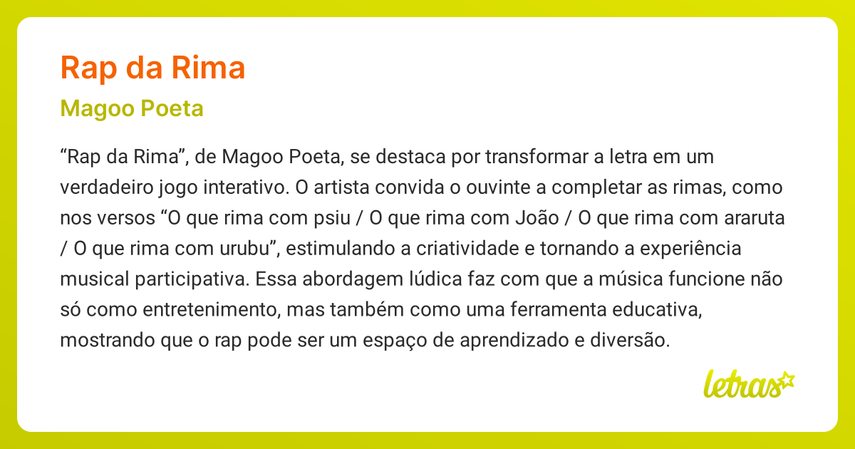 Significado da música RAP DA RIMA (Magoo Poeta) - LETRAS.MUS.BR