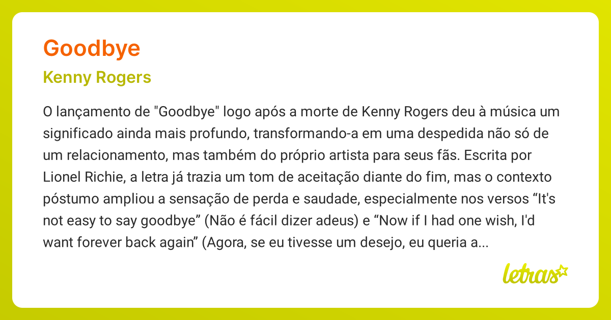 Significado da música GOODBYE (Kenny Rogers) - LETRAS.MUS.BR