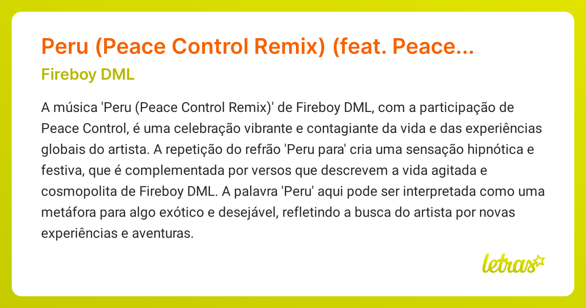 Significado da música Peru (Peace Control Remix) (feat. Peace Control ...