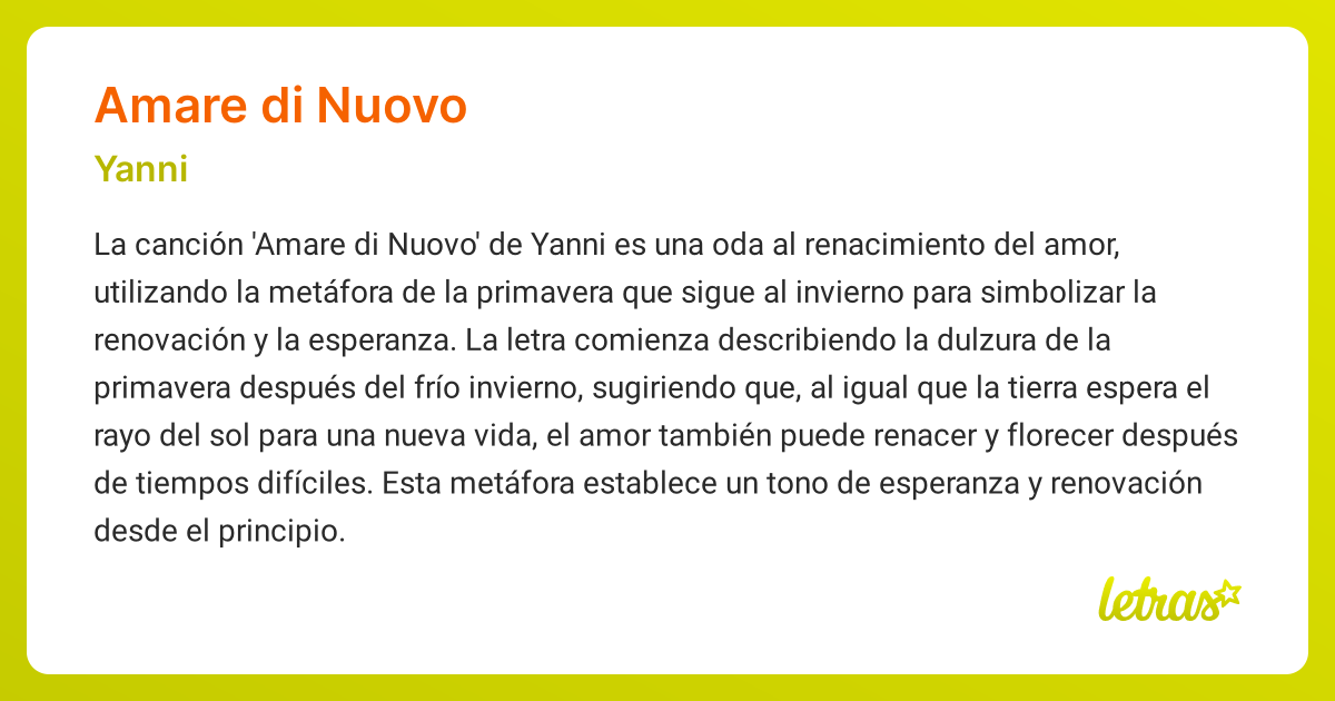 Significado de la canción AMARE DI NUOVO (Yanni) - LETRAS.COM