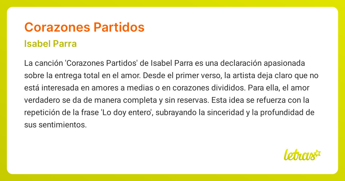 Significado de la canción CORAZONES PARTIDOS (Isabel Parra) - LETRAS.COM