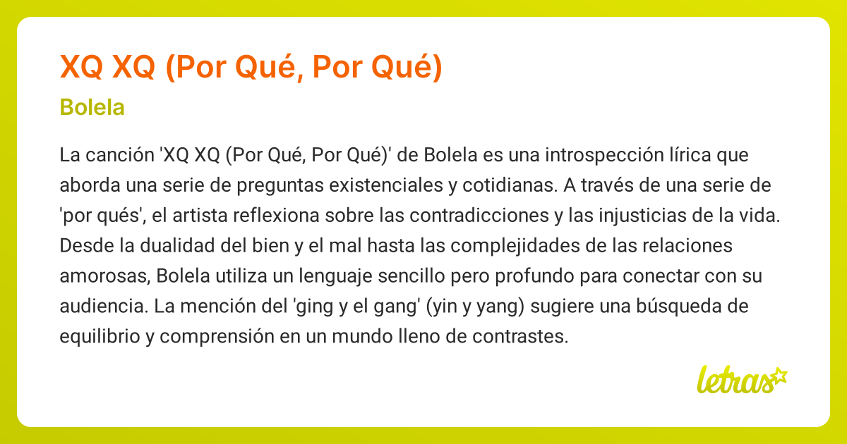 Significado de la canción XQ XQ (POR QUÉ, POR QUÉ) (Bolela) - LETRAS.COM