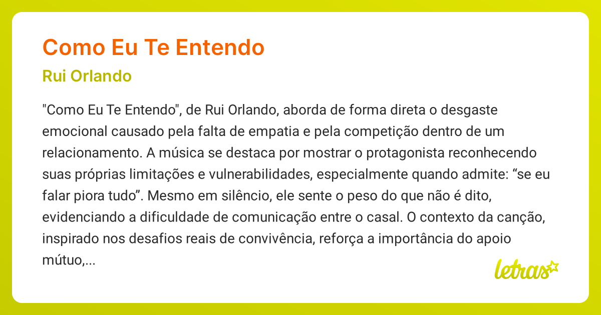 Significado da música COMO EU TE ENTENDO (Rui Orlando) - LETRAS.MUS.BR