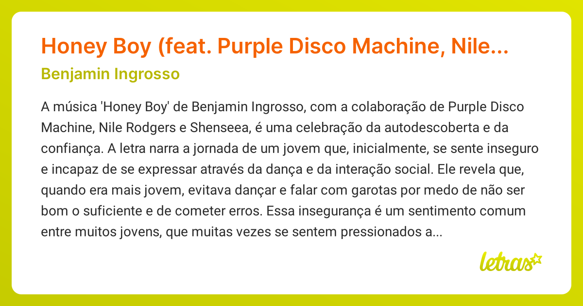 Significado da música Honey Boy (feat. Purple Disco Machine, Nile Rodgers & Shenseea) (Benjamin ...